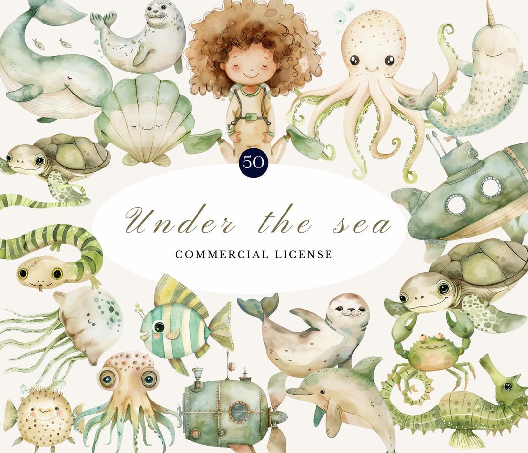 Under the Sea Watercolor Clipart Set - Green Ocean Animals, Cute Divers ...