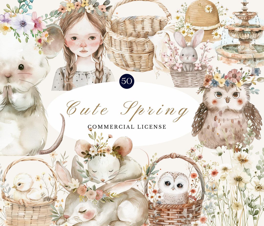Cute Spring Watercolor Clipart | Floral Animals, Easter Baskets ...