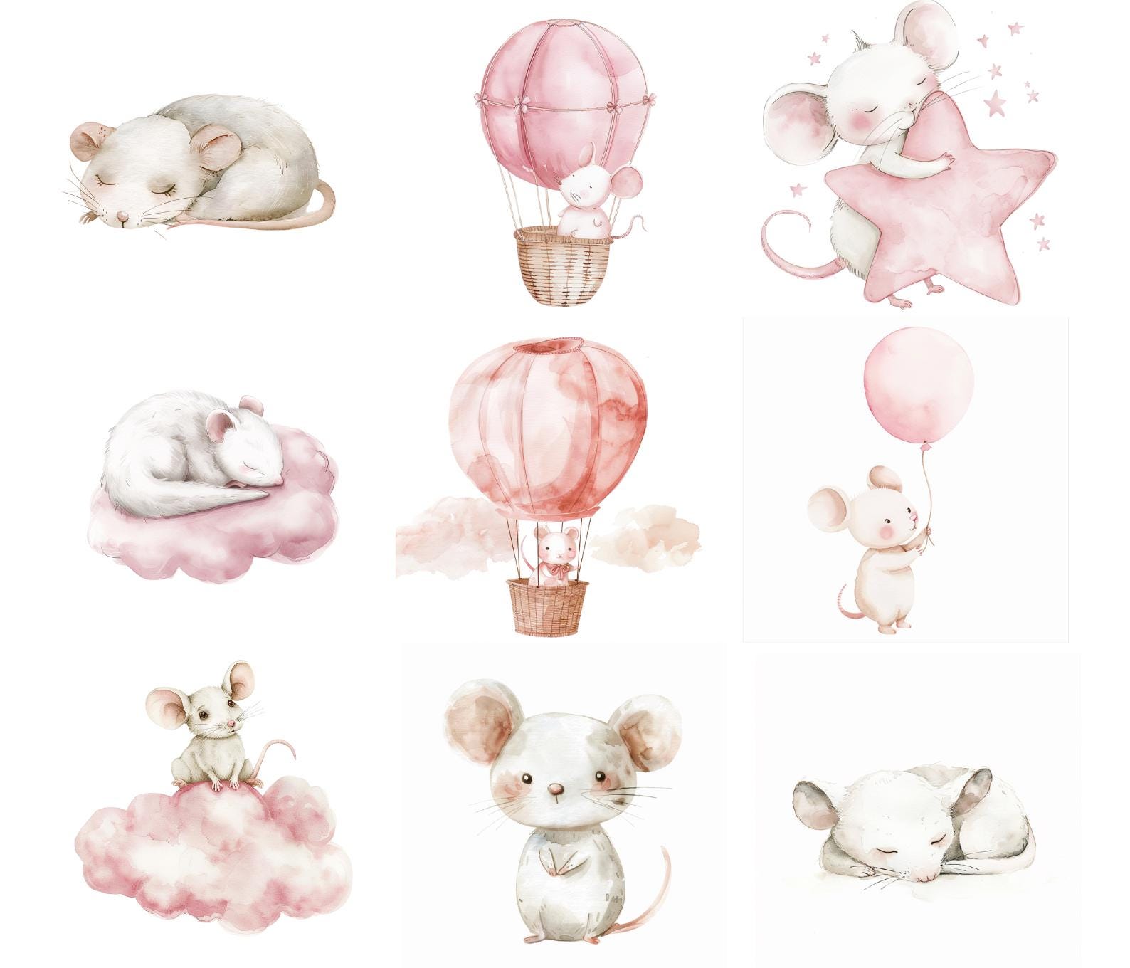Mouse Love Watercolor Clipart | Cute Pink Mice, Baby Shower, Nursery ...