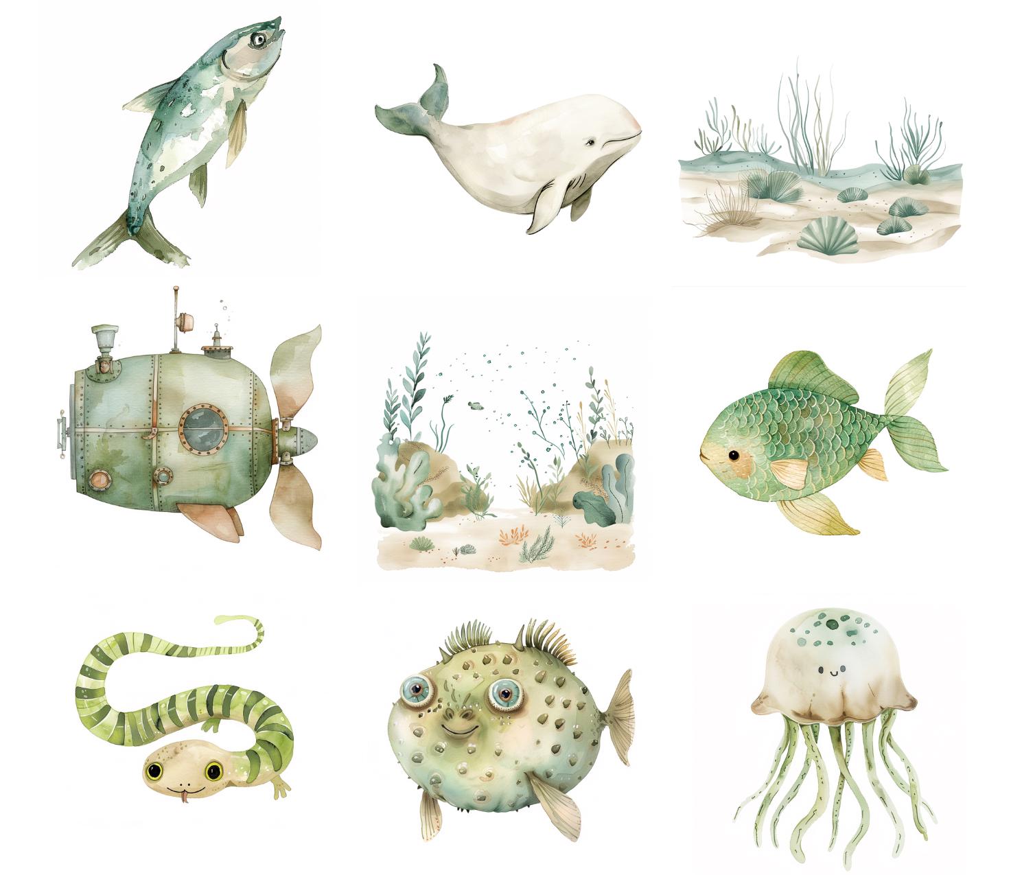 Under the Sea Watercolor Clipart Set - Green Ocean Animals, Cute Divers ...
