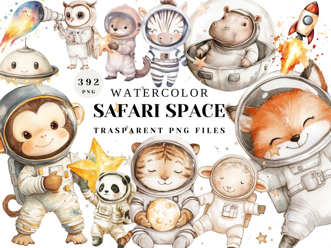 Watercolor Safari Astronaut Animals Clipart | 392 Space-themed Animal ...