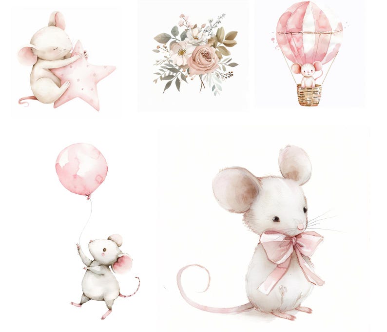 Mouse Love Watercolor Clipart | Cute Pink Mice, Baby Shower, Nursery ...