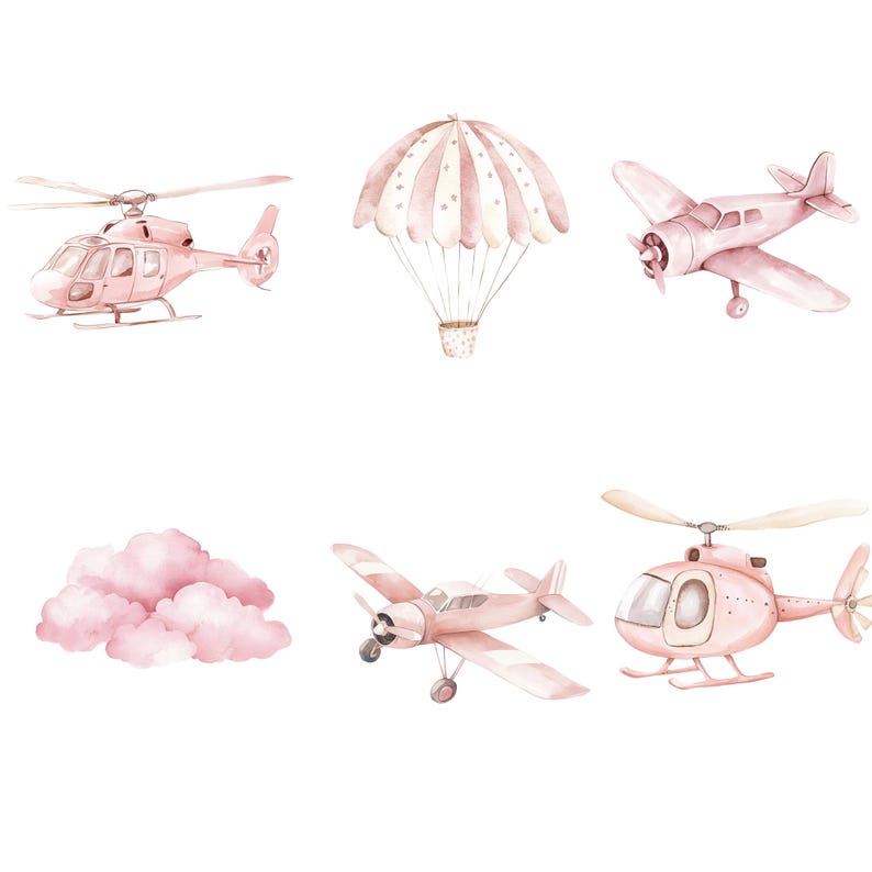 Watercolor Air Transportation Clipart, Pink Plane Helicopter Graphics ...