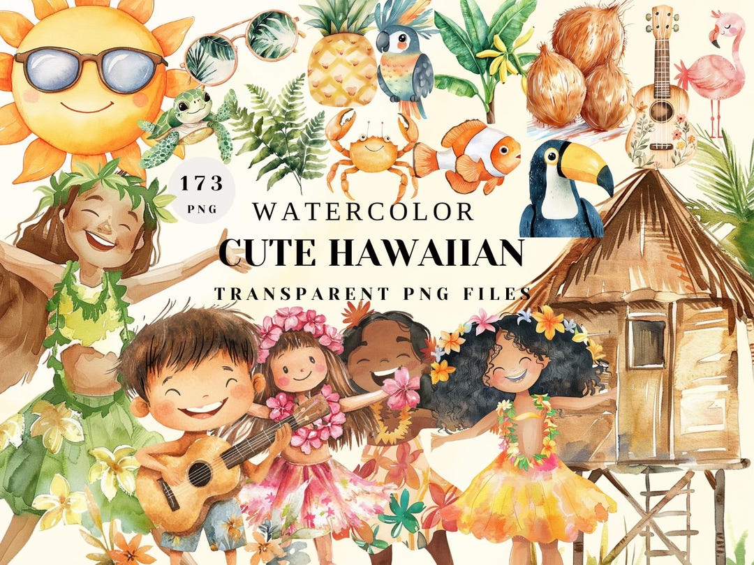 Watercolor Hawaiian Clipart Set | Tropical PNG Files | Cute Island Kids ...