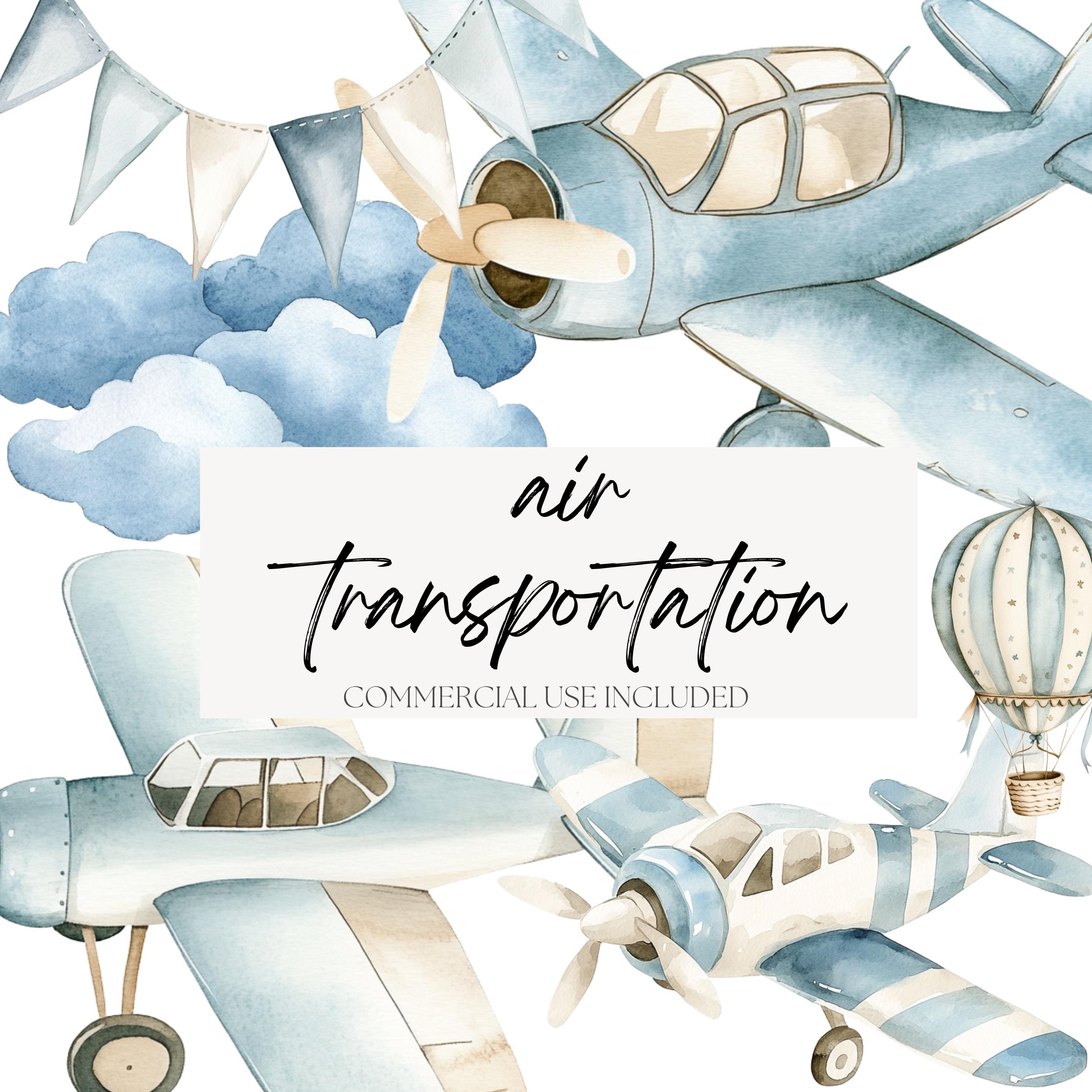 Watercolor Air Transportation Clipart, Vintage Blue Plane Helicopter ...