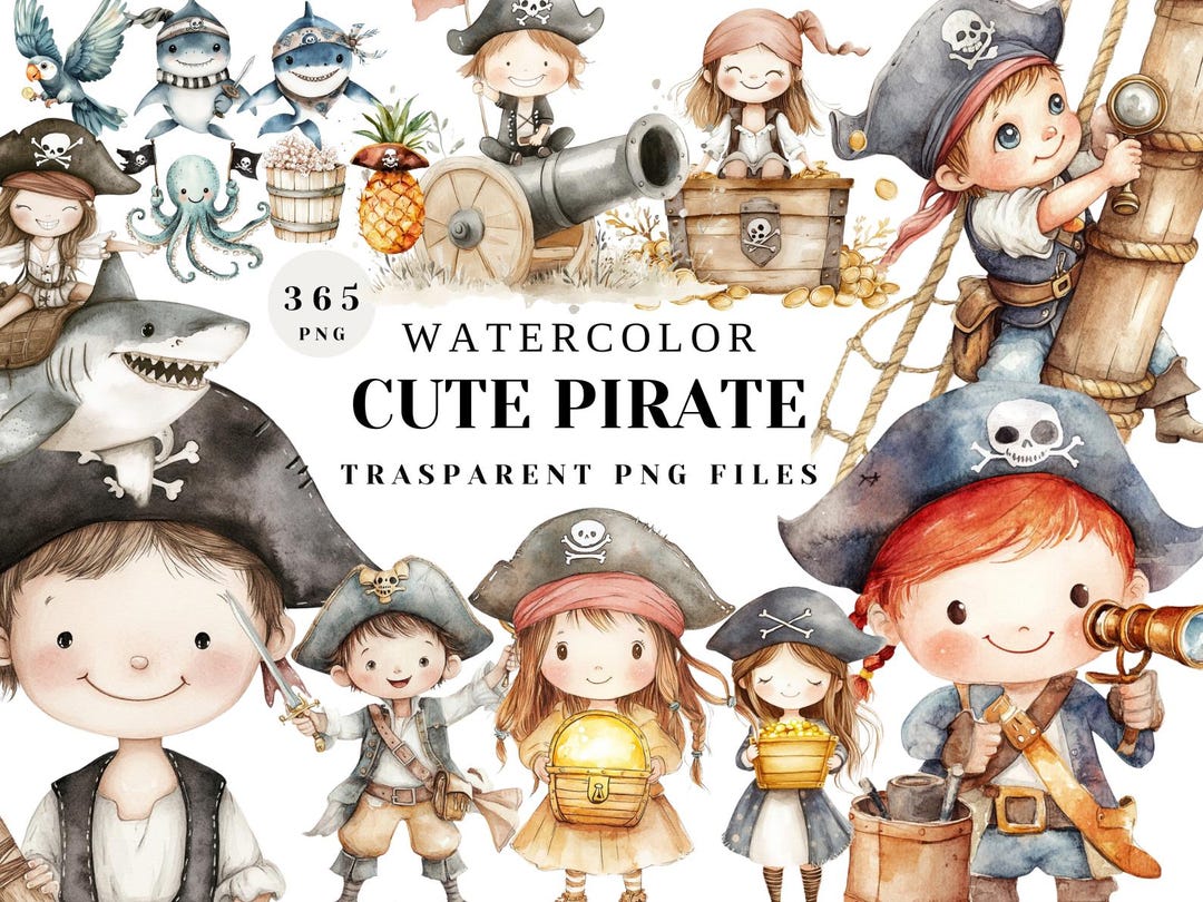 Watercolor Pirate Clipart Bundle | 365 Cute Pirate-themed PNG Files for ...