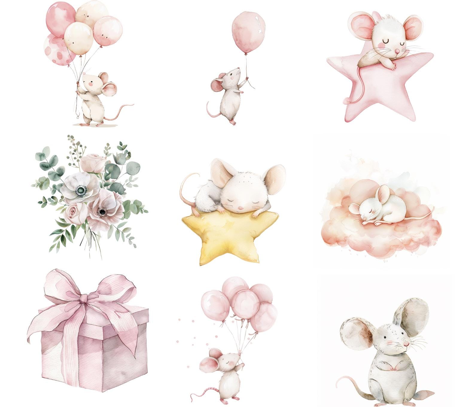 Mouse Love Watercolor Clipart | Cute Pink Mice, Baby Shower, Nursery ...