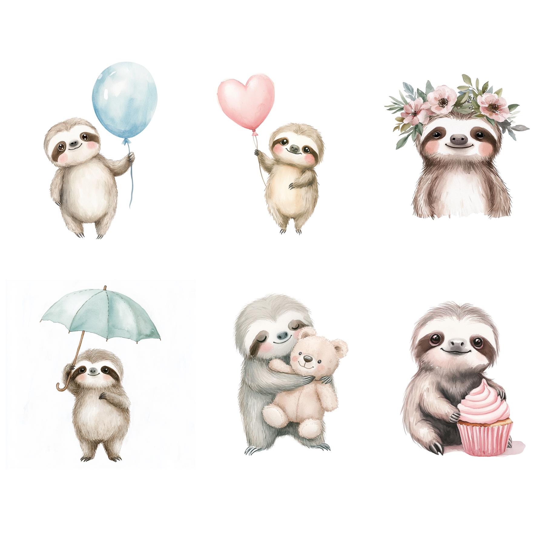 Cute Baby Sloth Watercolor Clipart Bundle | Hand Painted Sloth ...