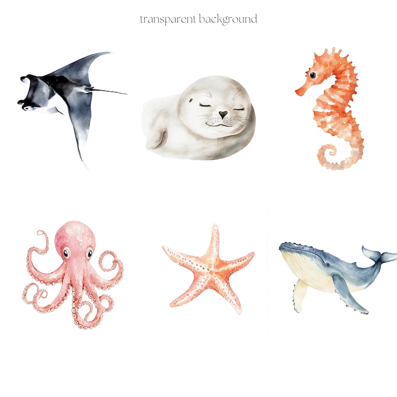 Watercolor Ocean Animals Clipart Bundle – Cute Sea Life PNG, Marine ...