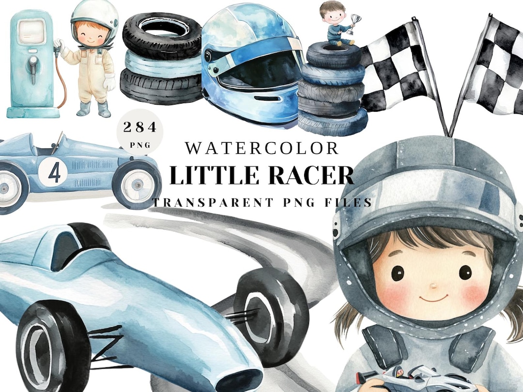 Watercolor Little Racer Clipart | Blue Race Car PNG | Cute Kids Racing ...