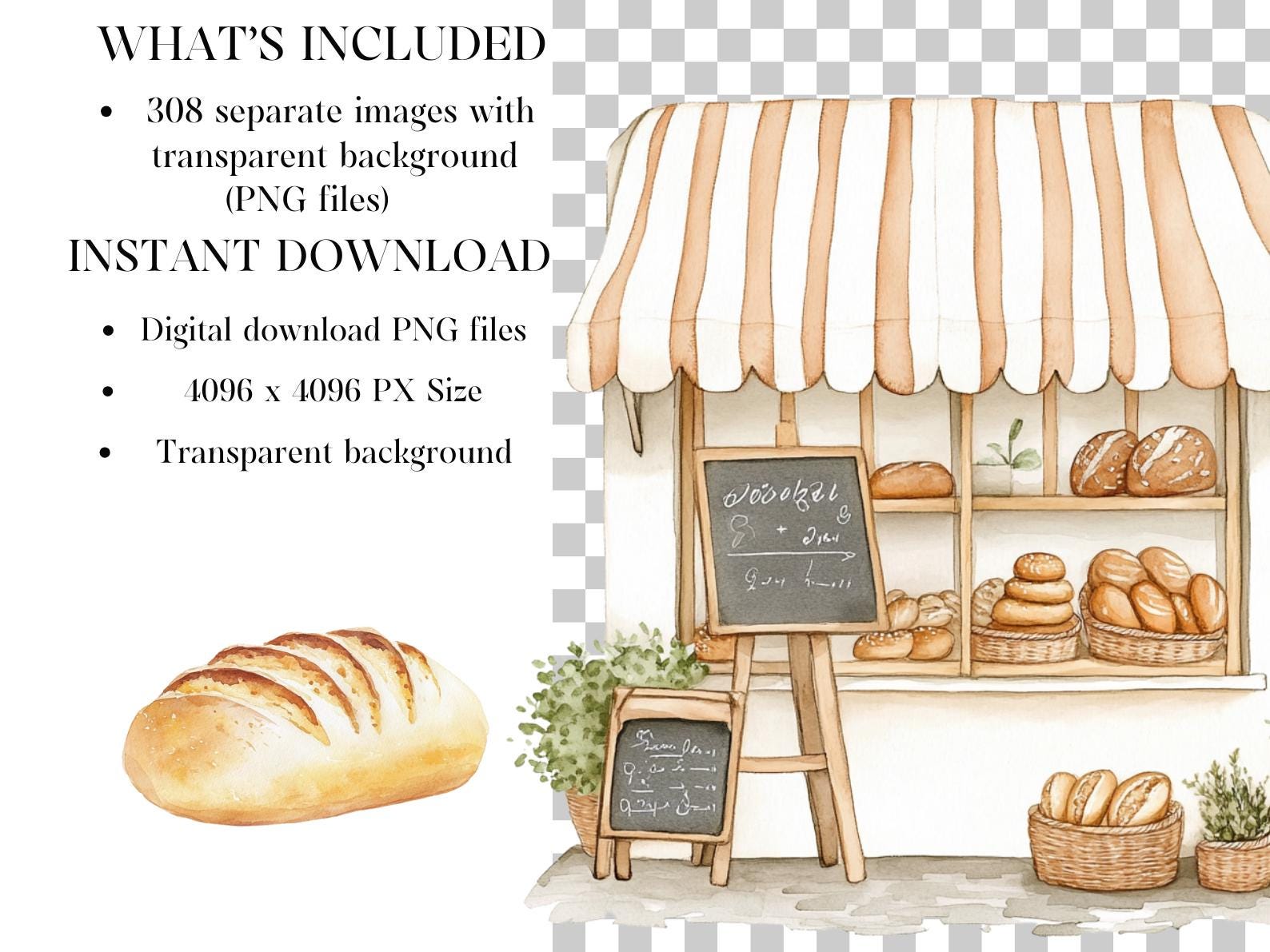 Watercolor Bakery Shop Clipart | Cute Bread & Pastries PNG | Bakers ...