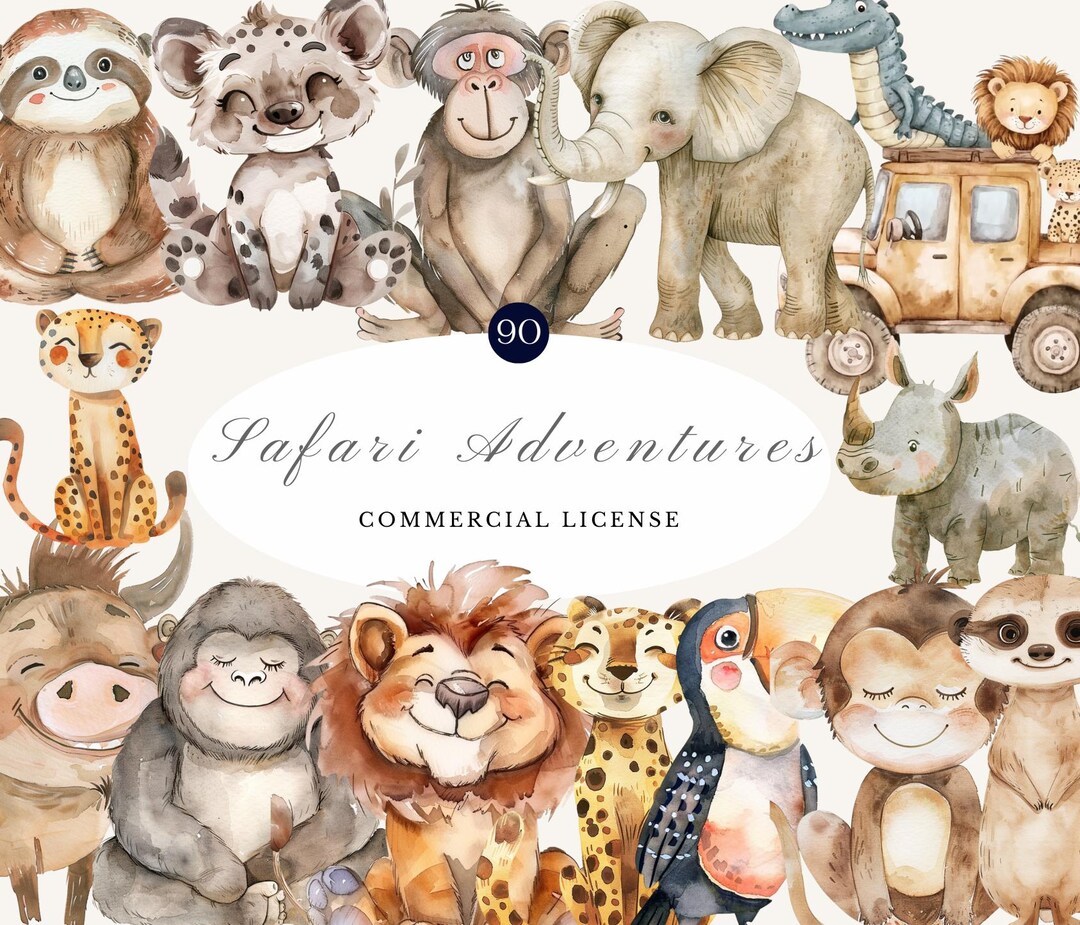 Safari Adventures Watercolor Clipart Set - Cute Jungle Animals, Lions ...