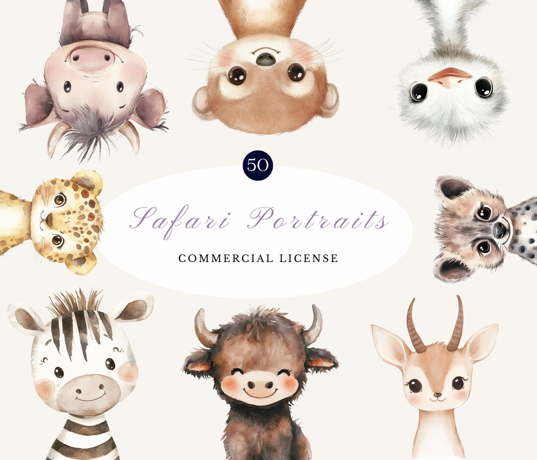 Safari Portraits Watercolor Clipart Bundle | Cute Animal Faces With ...