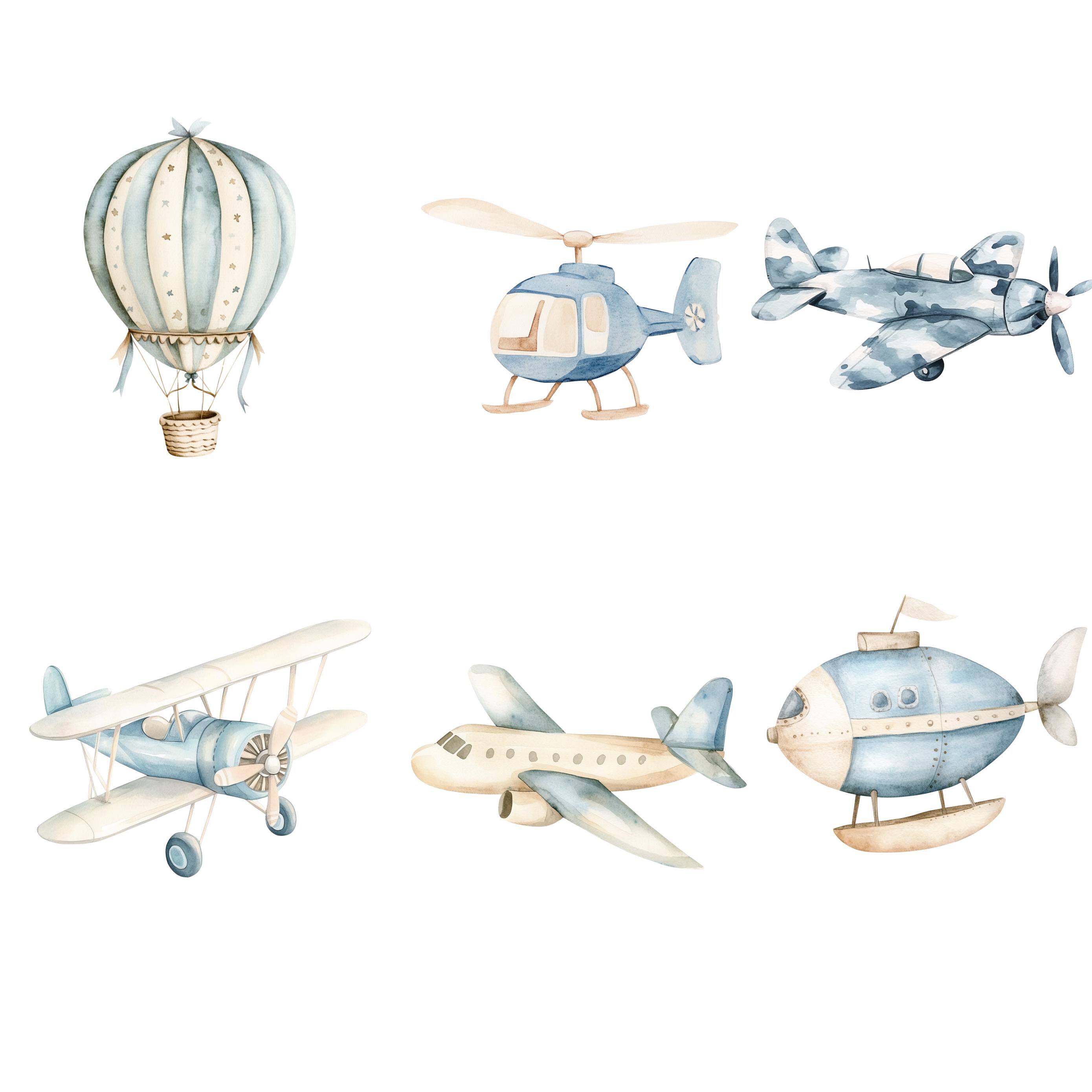 Watercolor Air Transportation Clipart, Vintage Blue Plane Helicopter ...