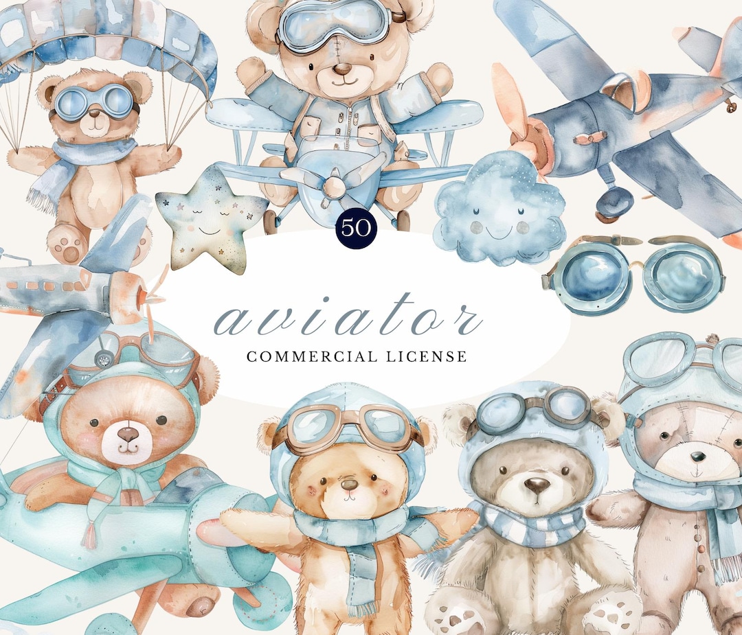 Aviator Teddy Bear Watercolor Clipart Cute Pilot Bear PNG, Blue ...