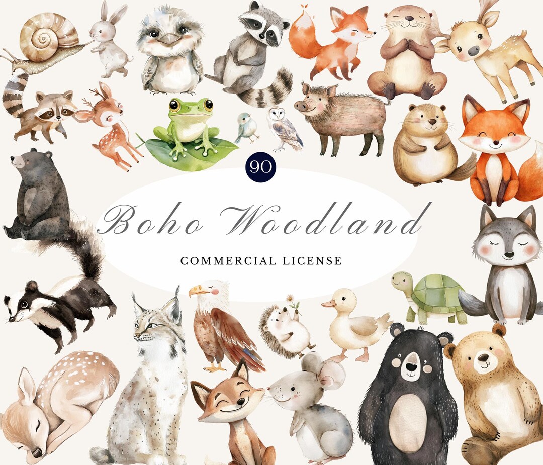 Boho Woodland Watercolor Clipart Set - Cute Forest Animals, Frogs, Deer ...