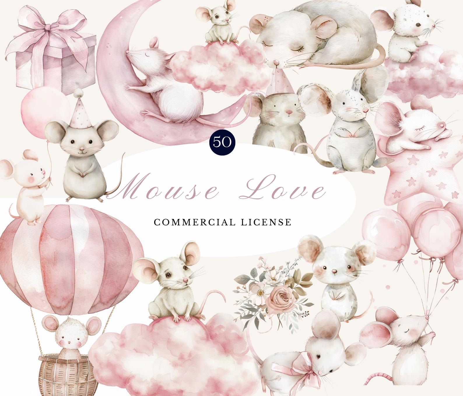 Mouse Love Watercolor Clipart | Cute Pink Mice, Baby Shower, Nursery ...