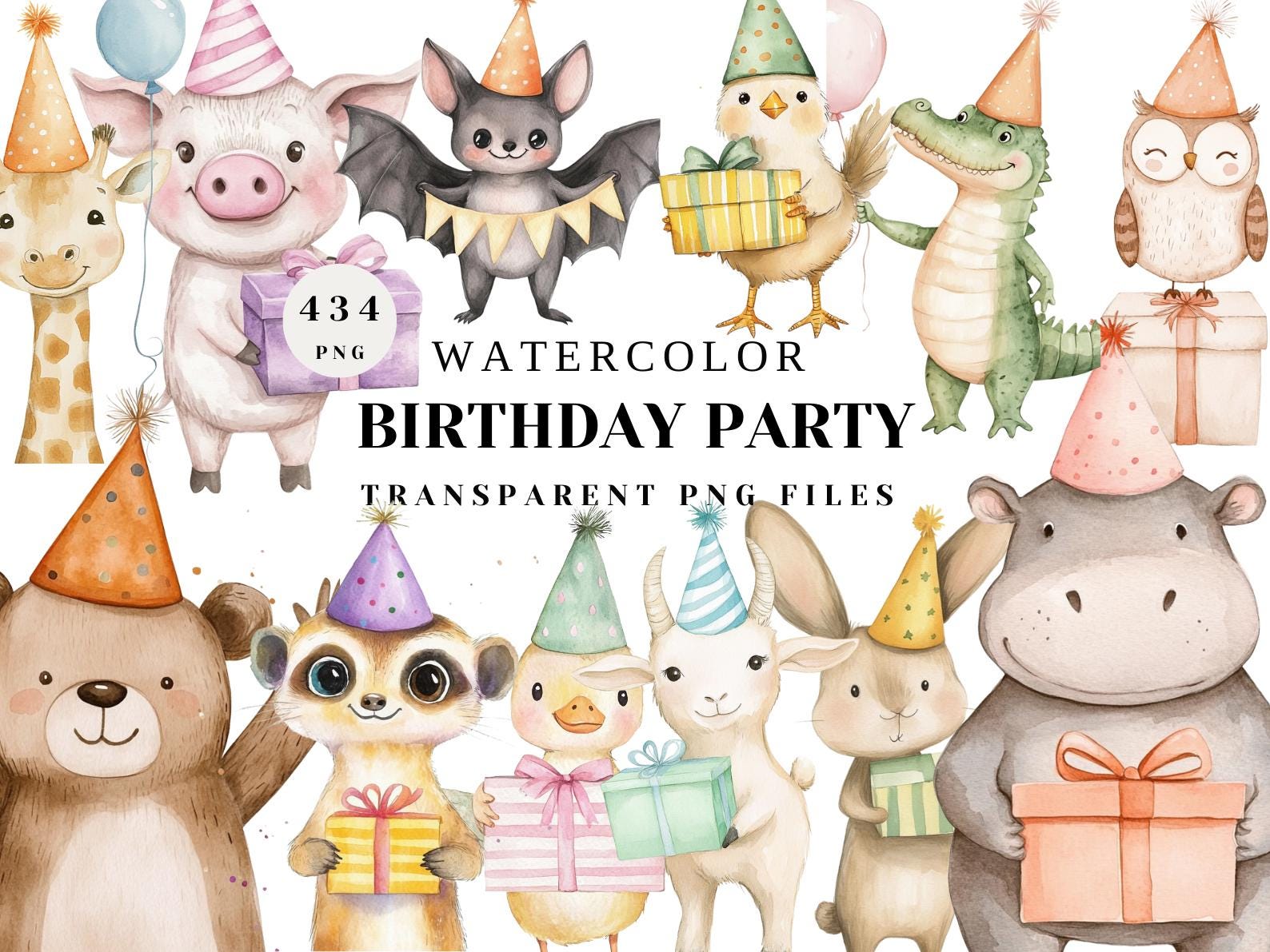 Watercolor Birthday Party Clipart Cute Animal Party Graphics | DIY ...