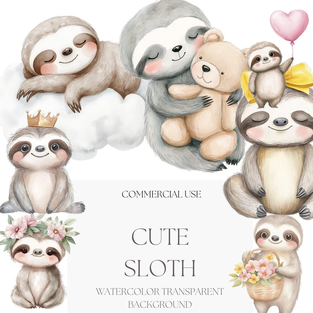 Cute Baby Sloth Watercolor Clipart Bundle | Hand Painted Sloth ...