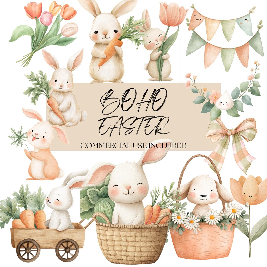 Boho Easter Bunny Clipart Set – Cute Boho Bunnies, Carrots & Flowers ...