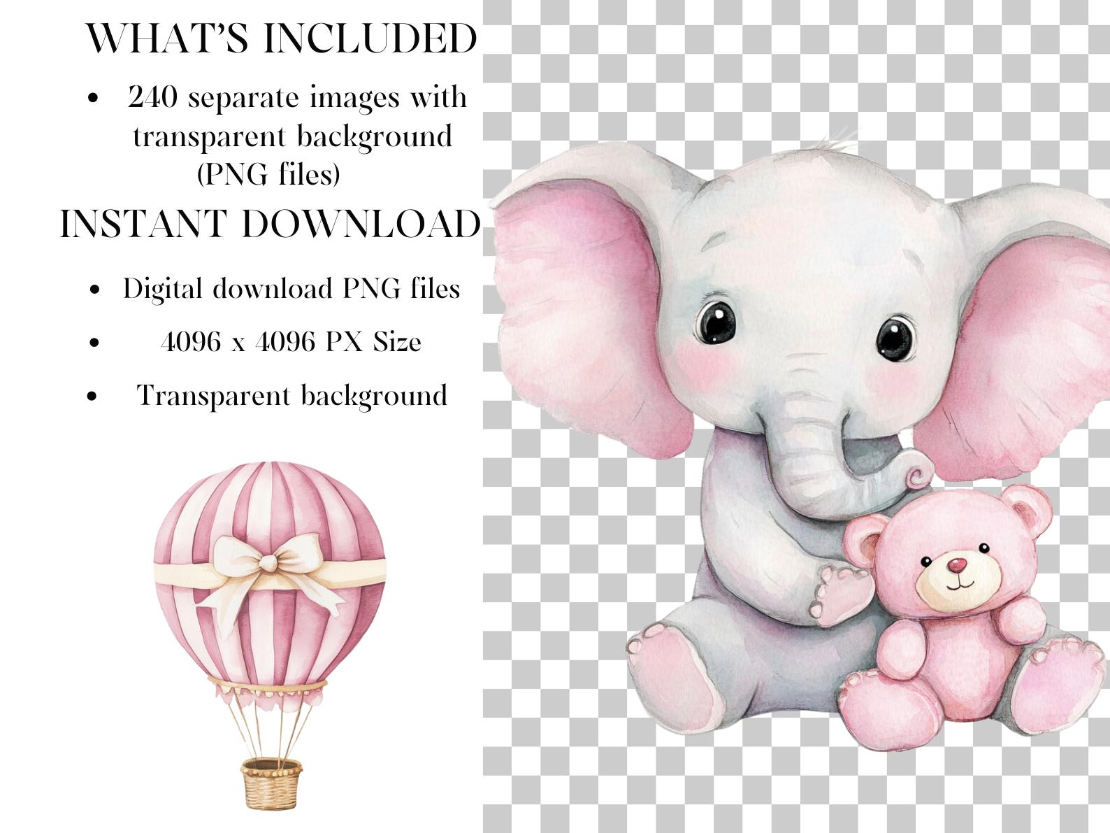 Watercolor Pink Baby Elephant Clipart Set - Kids Clipart - Pink Balloon ...