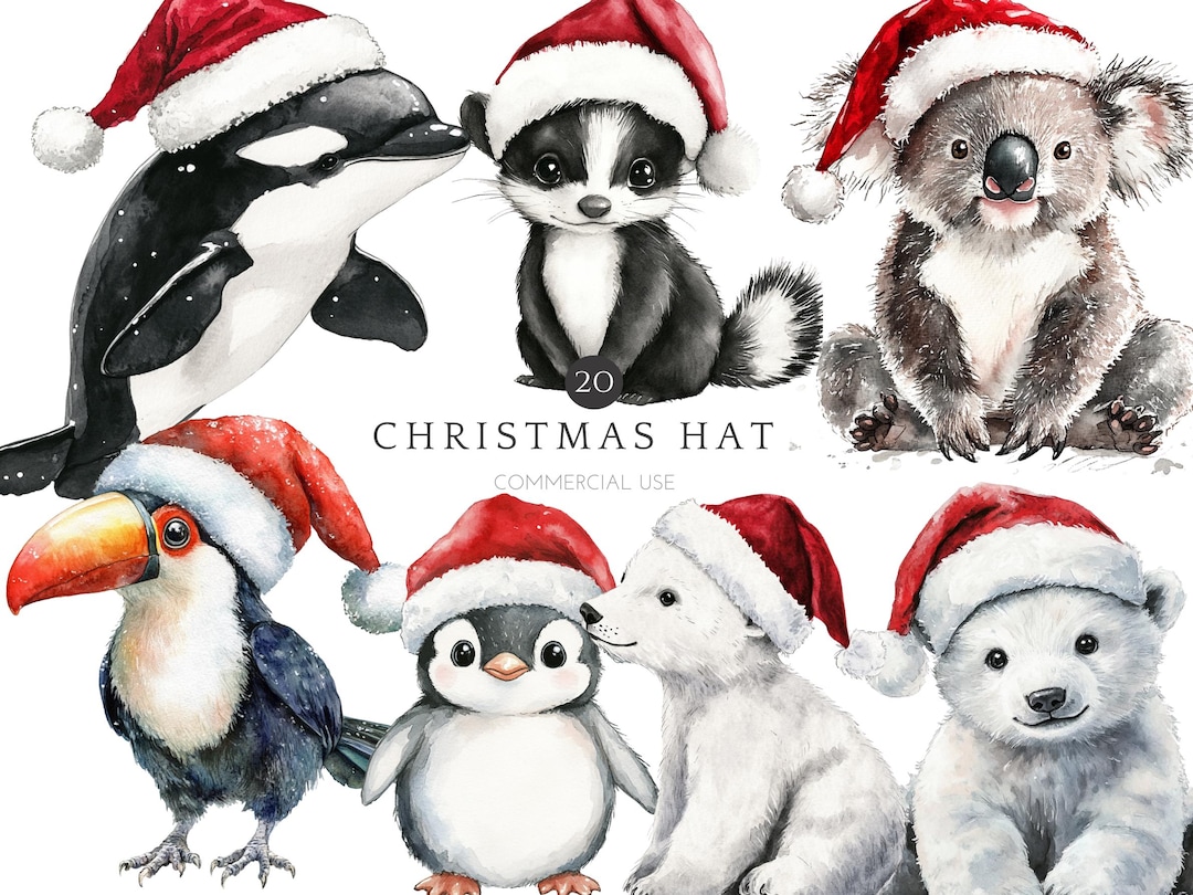 Christmas Hat Animals Clipart – Cute Critters in Santa Hats, Festive ...