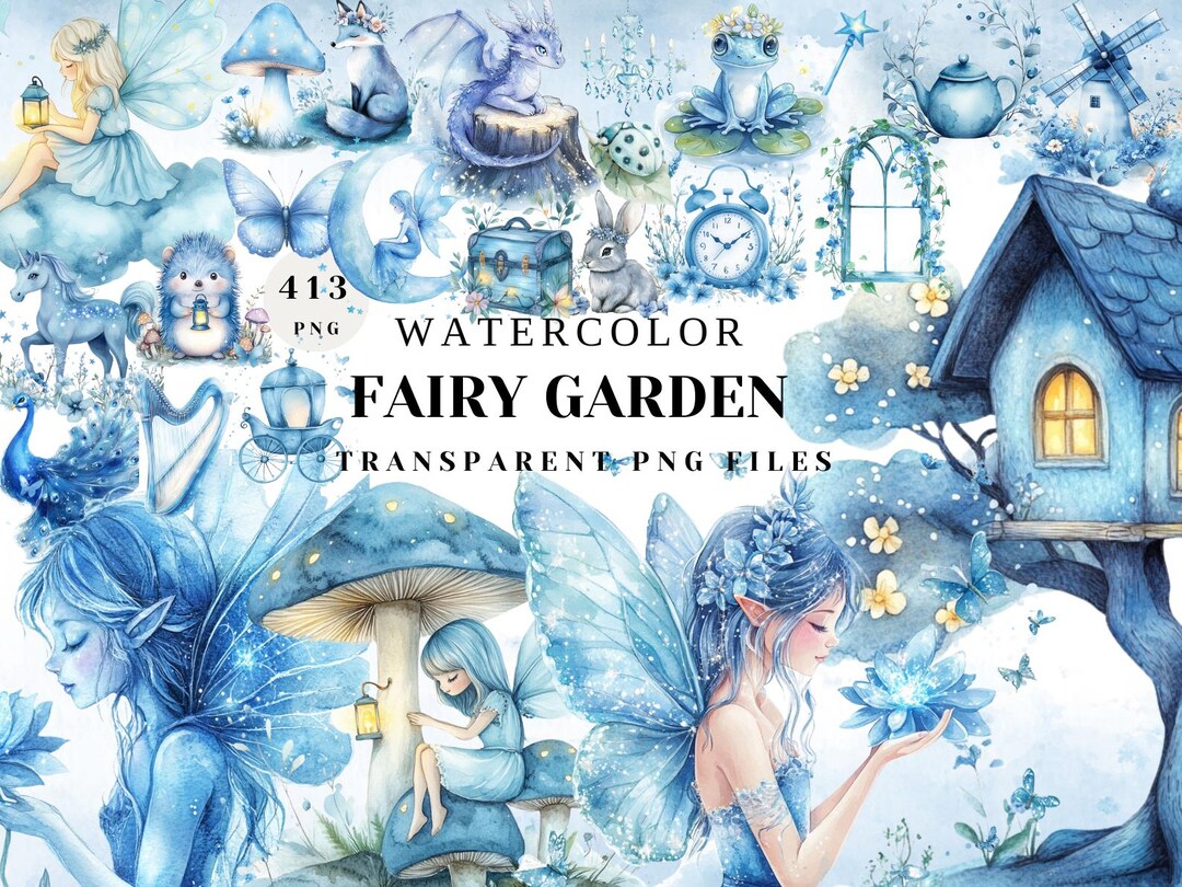 Watercolor Fairy Garden Clipart - Blue Fantasy PNG Set, Transparent ...