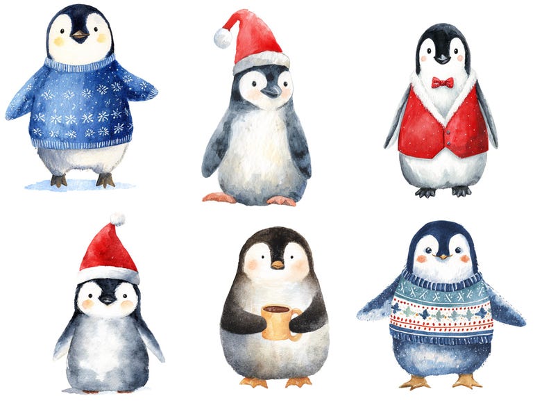 Christmas Penguin Clipart Bundle Cute Winter Penguins With Santa Hats ...
