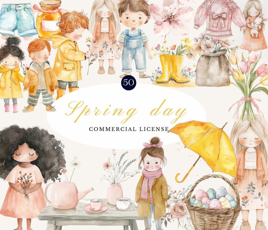 Spring Day Watercolor Clipart | Cute Spring Kids, Floral Illustrations ...