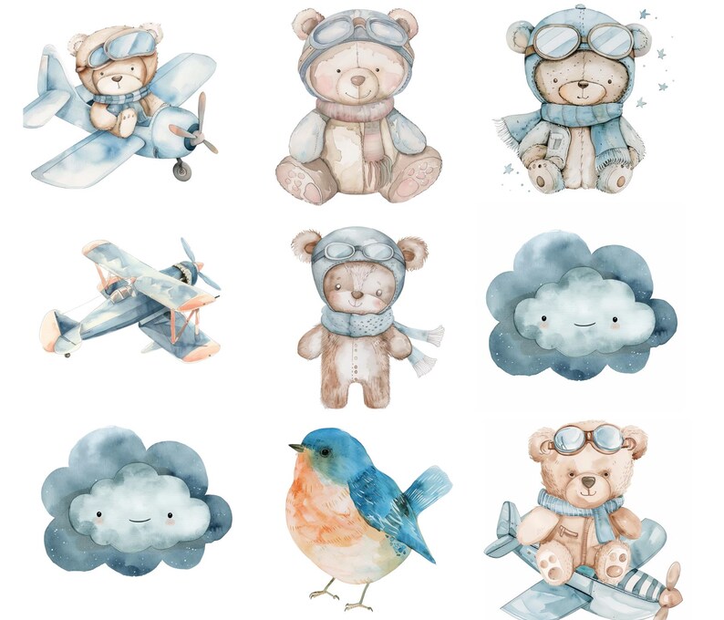 Aviator Teddy Bear Watercolor Clipart Cute Pilot Bear PNG, Blue ...