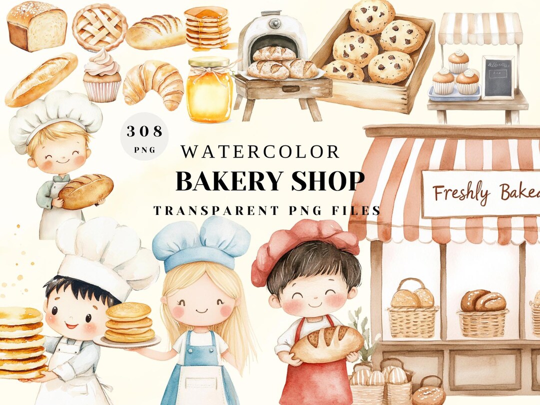 Watercolor Bakery Shop Clipart | Cute Bread & Pastries PNG | Bakers ...