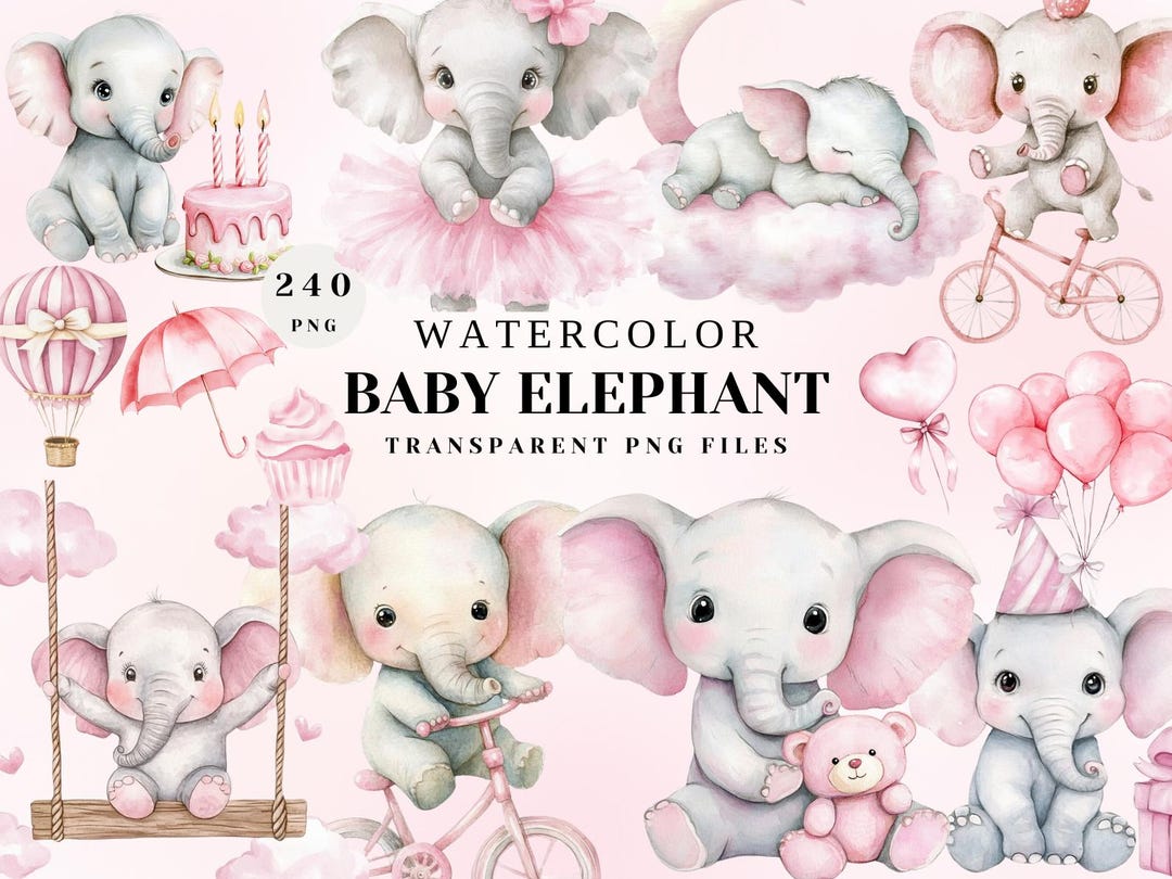 Watercolor Pink Baby Elephant Clipart Set - Kids Clipart - Pink Balloon ...
