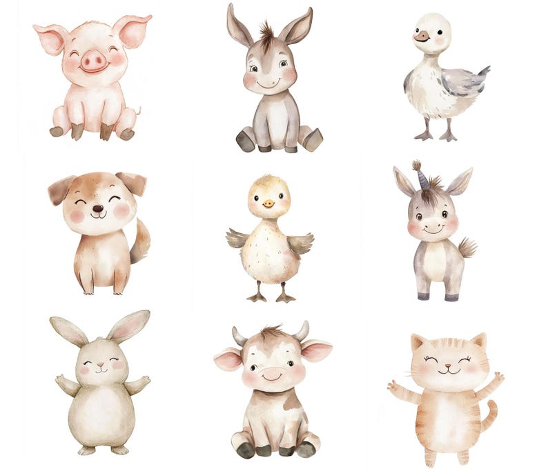 Watercolor Happy Farm Friends Clipart | Cute Farm Animals PNG | Baby ...