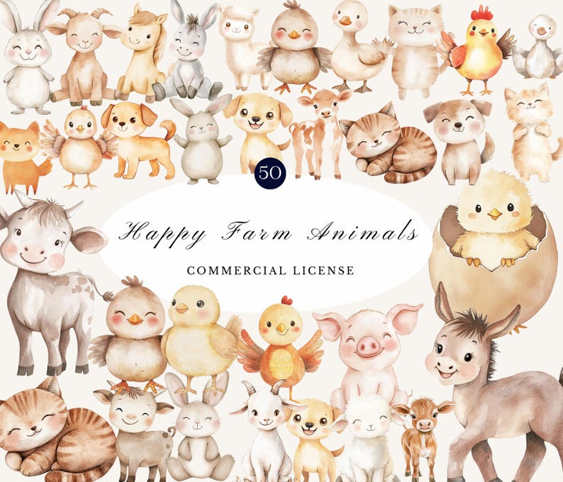 Watercolor Happy Farm Friends Clipart | Cute Farm Animals PNG | Baby ...