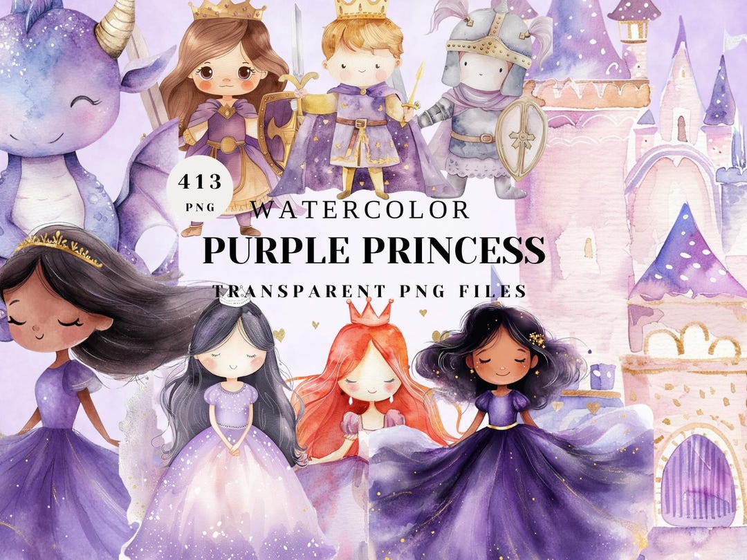 Purple Princess Clipart Set | Watercolor Fairytale PNG Files | Castle ...