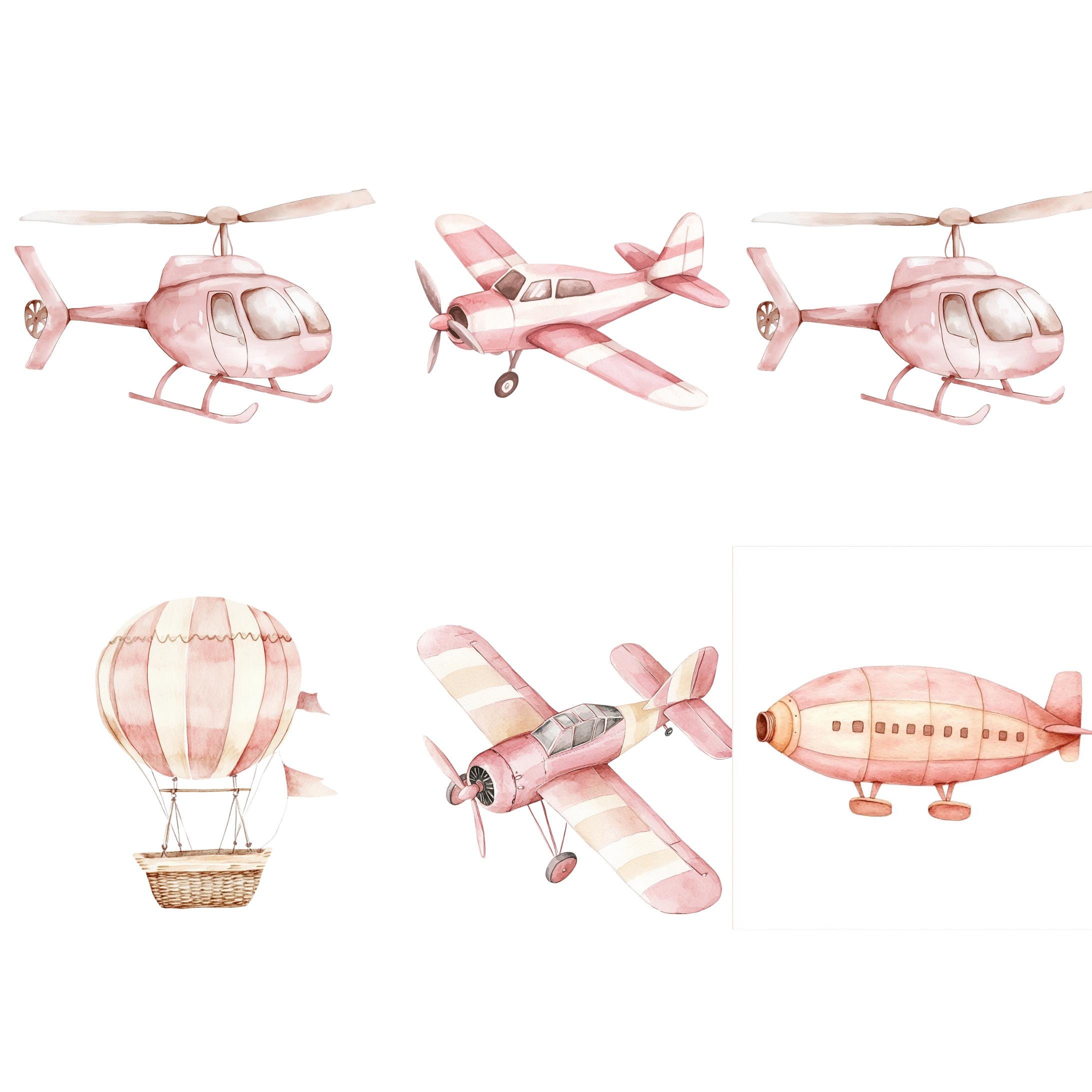Watercolor Air Transportation Clipart, Pink Plane Helicopter Graphics ...