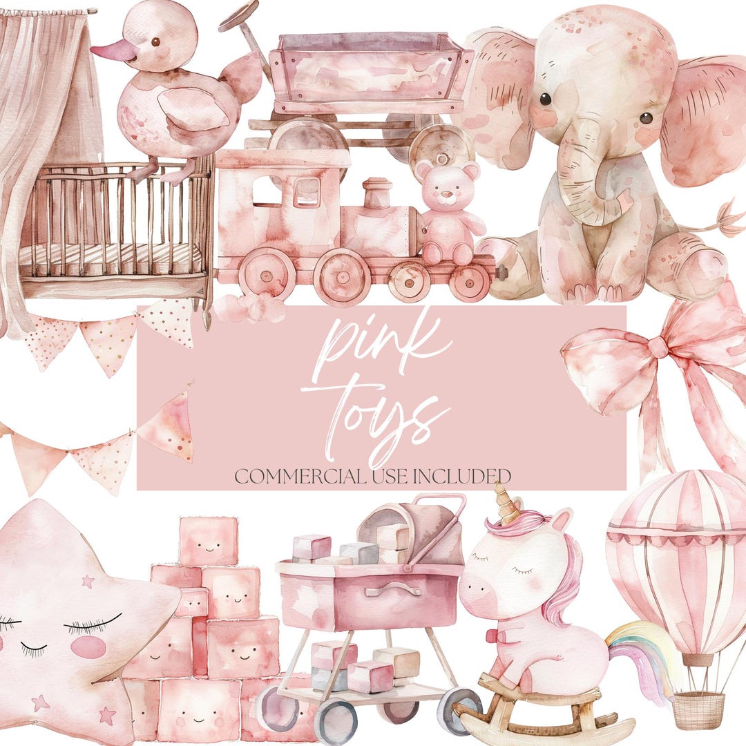 Pink Baby Toys Clipart Bundle | Watercolor Nursery Illustrations, Cute ...