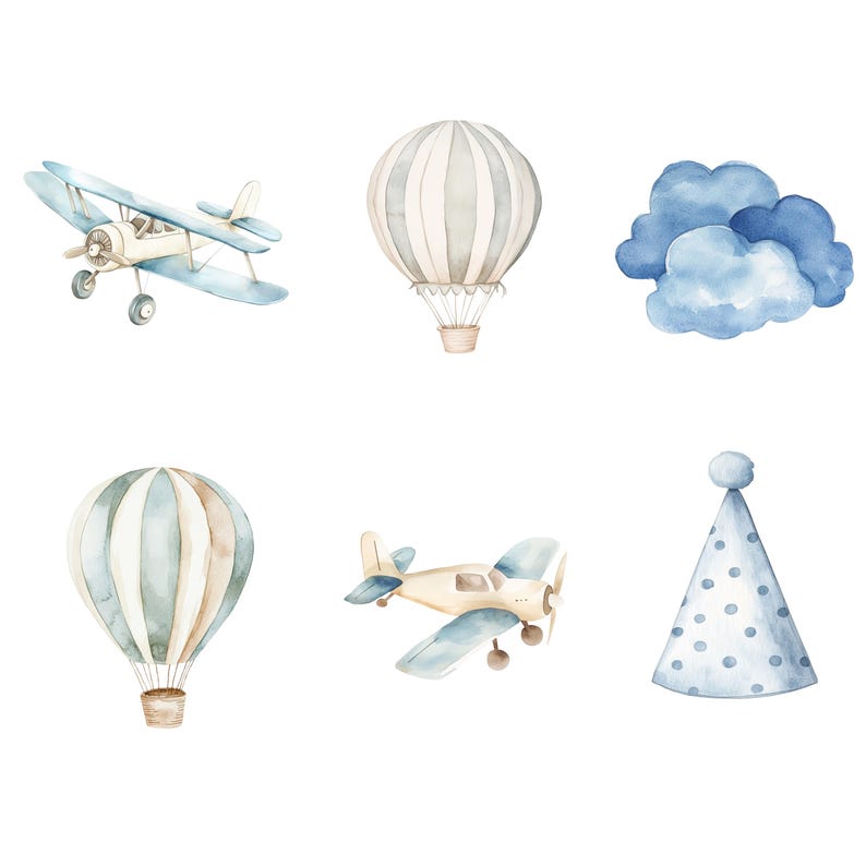 Watercolor Air Transportation Clipart, Vintage Blue Plane Helicopter ...