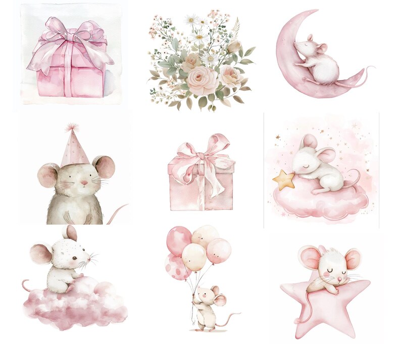 Mouse Love Watercolor Clipart | Cute Pink Mice, Baby Shower, Nursery ...