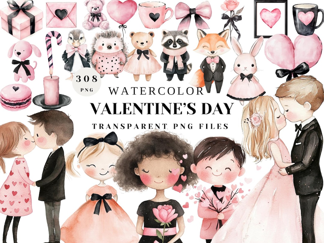 Watercolor Valentine's Day Clipart | Cute Romantic PNG Files | Couples ...