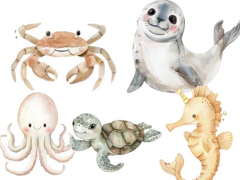 Watercolor Sea Creatures Clipart | Cute Ocean Animals PNG | Transparent ...