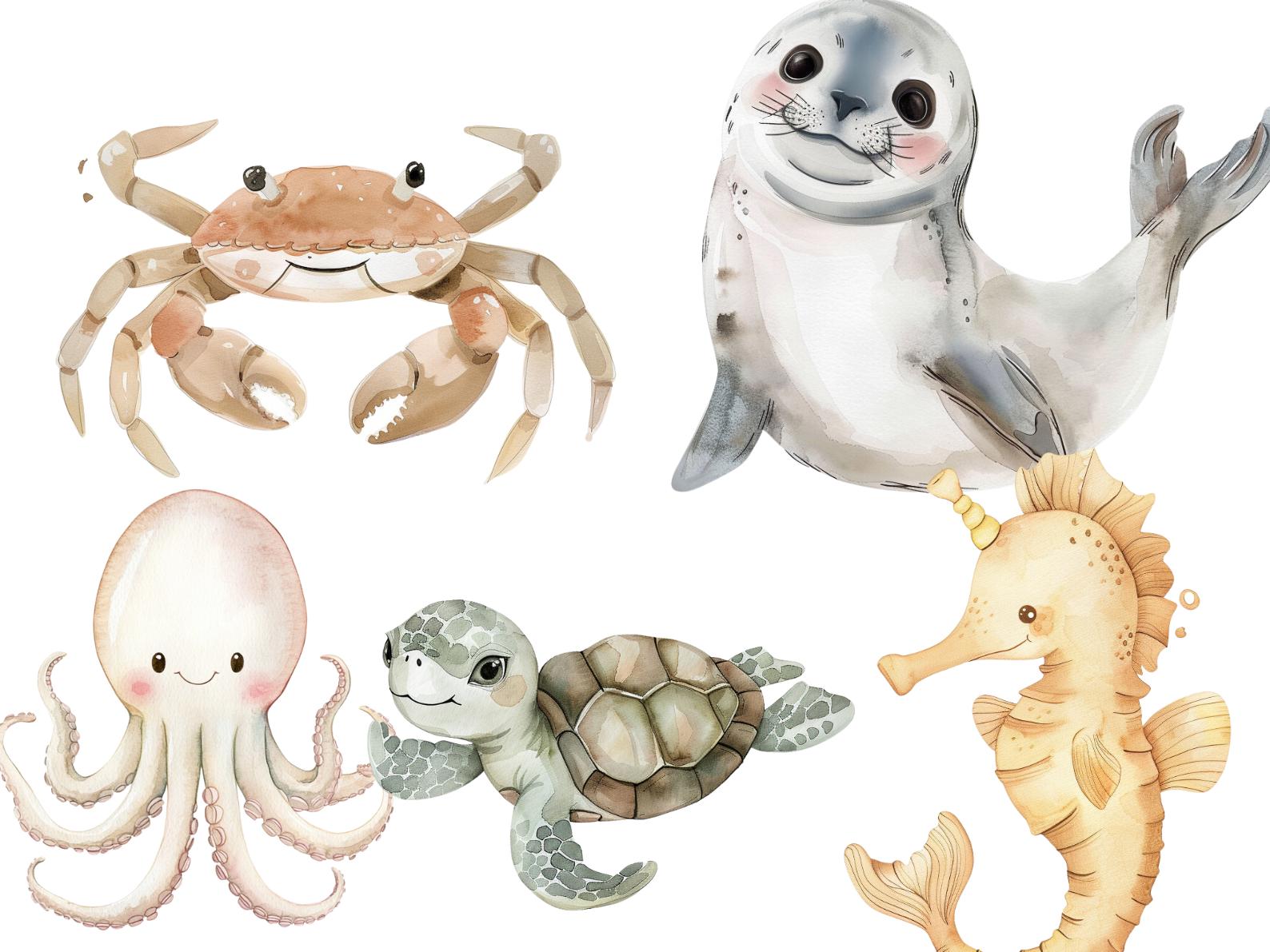 Watercolor Sea Creatures Clipart | Cute Ocean Animals PNG | Transparent ...