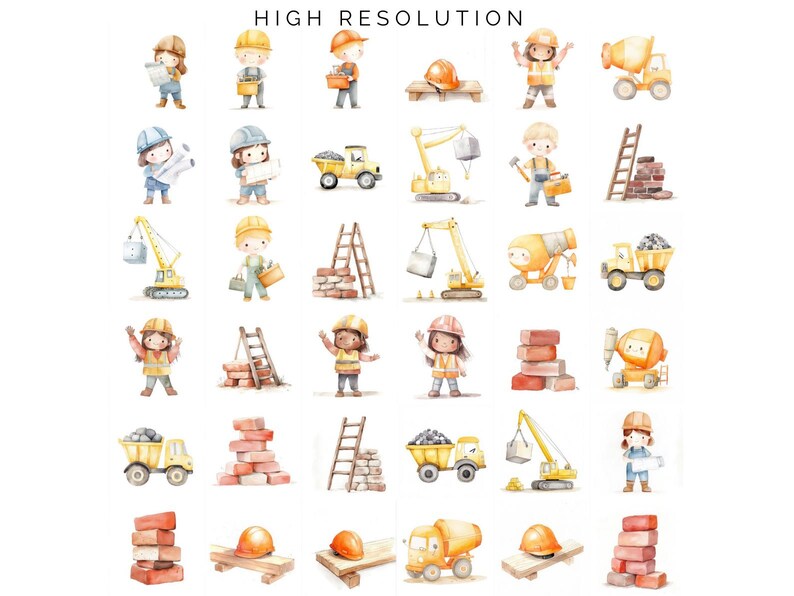 Watercolor Construction Clipart Set - Cute Kids Builder Clip Art ...