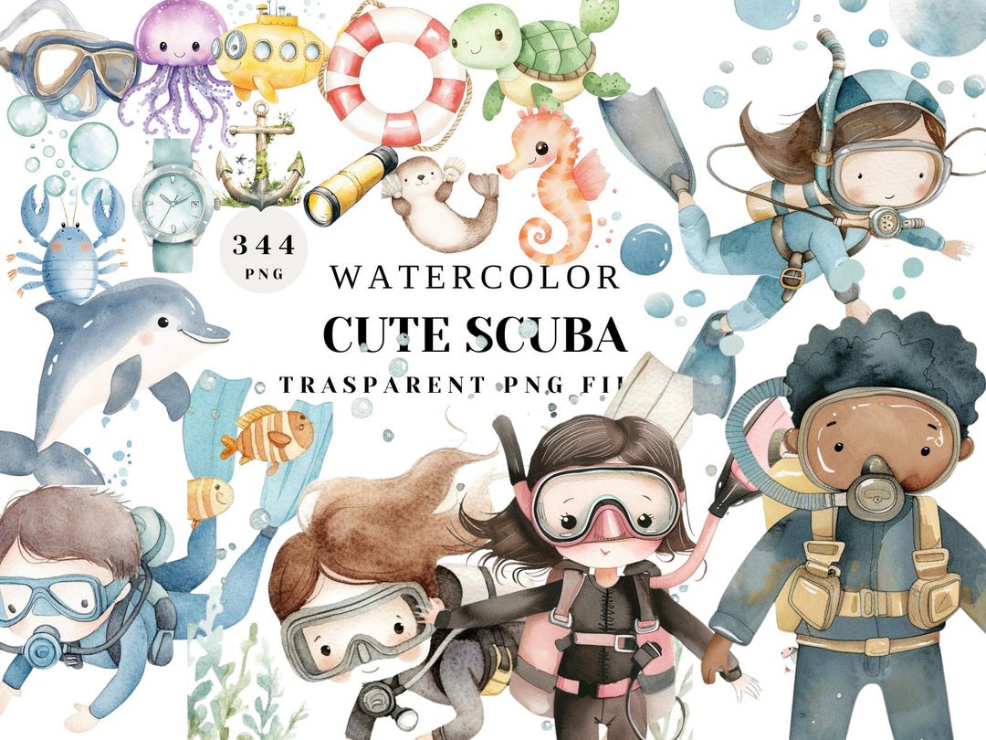 Watercolor Scuba Diving Clipart Bundle - Cute Underwater Adventure Pngs ...