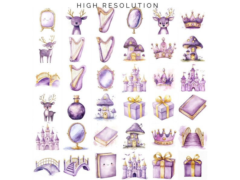 Purple Princess Clipart Set | Watercolor Fairytale PNG Files | Castle ...