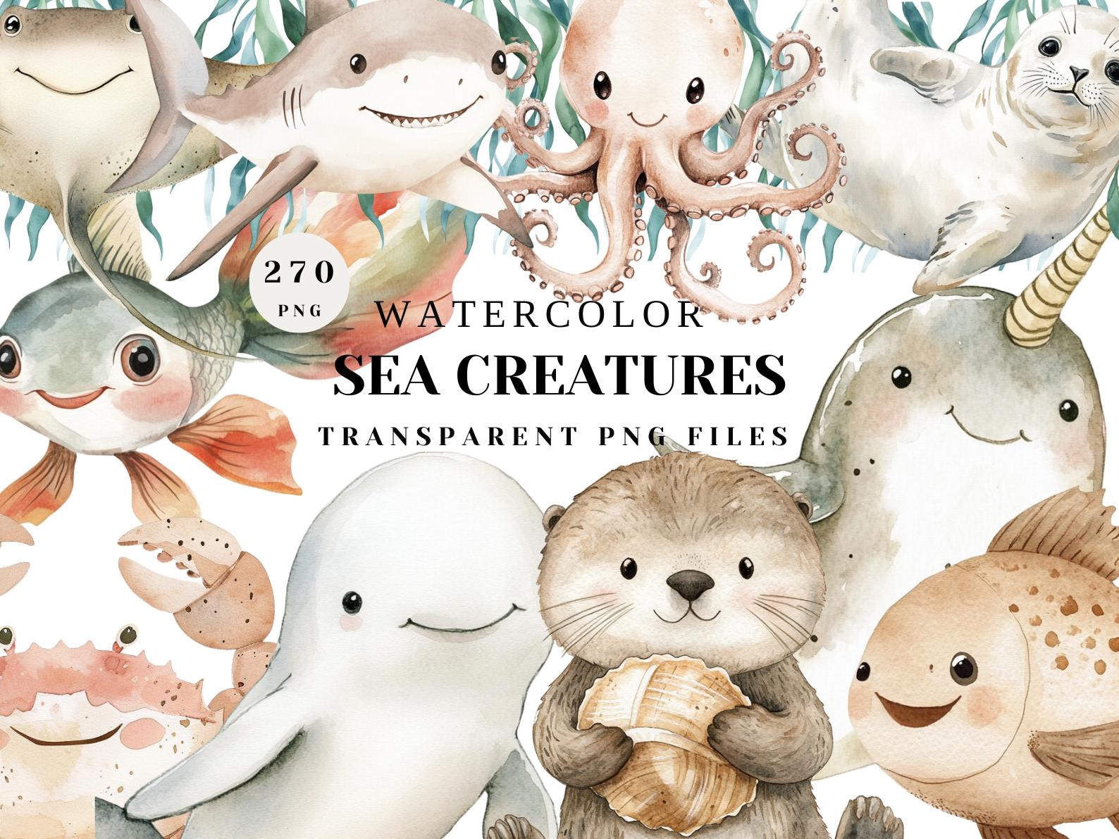 Watercolor Sea Creatures Clipart | Cute Ocean Animals PNG | Transparent ...