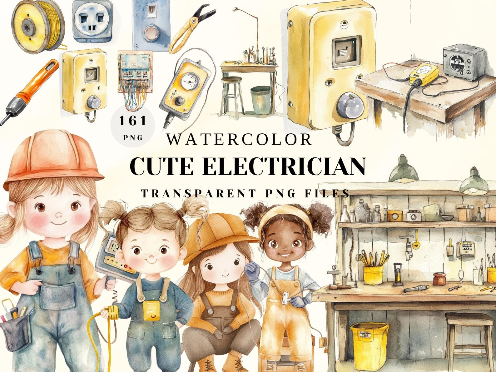 Watercolor Cute Electrician Clipart | Tools & Workshops PNG | Kids ...