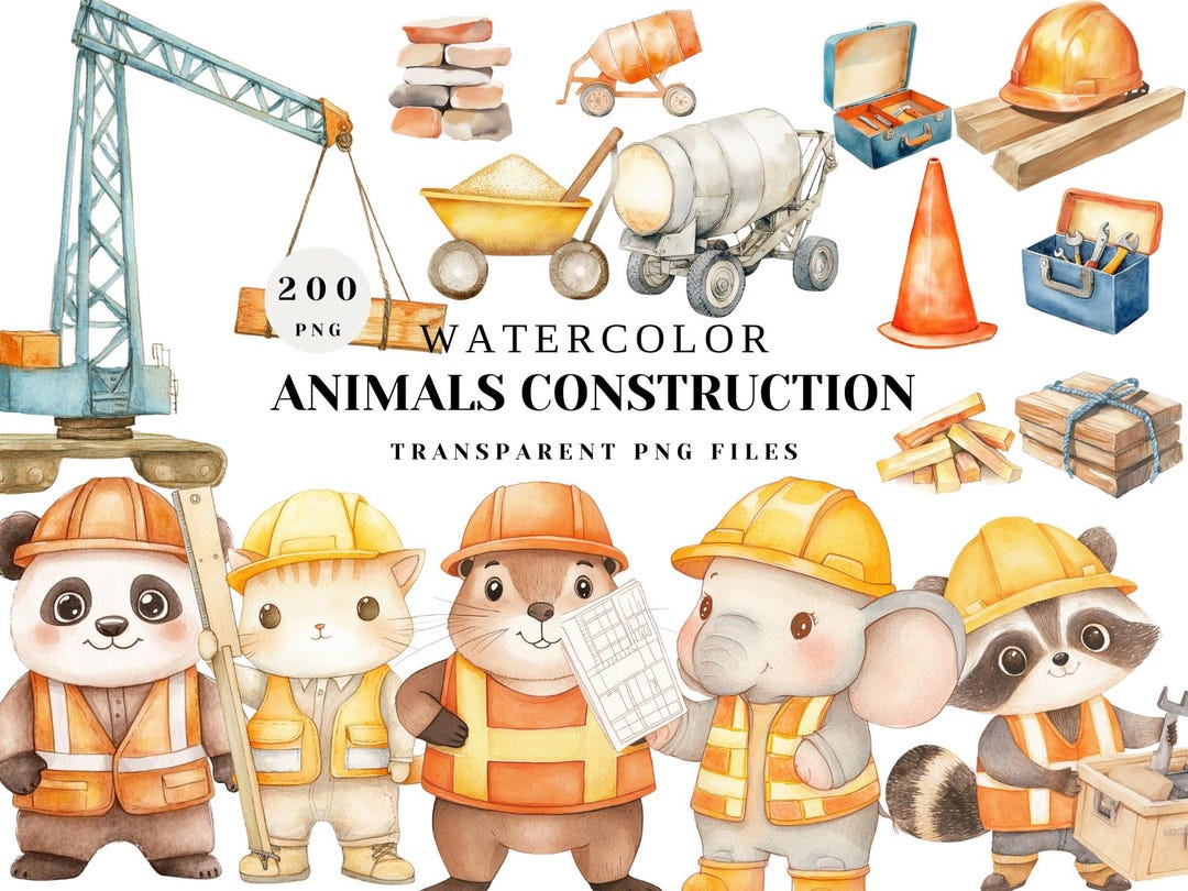 Watercolor Construction Animals Clipart Set - Cute Builders, Tools ...