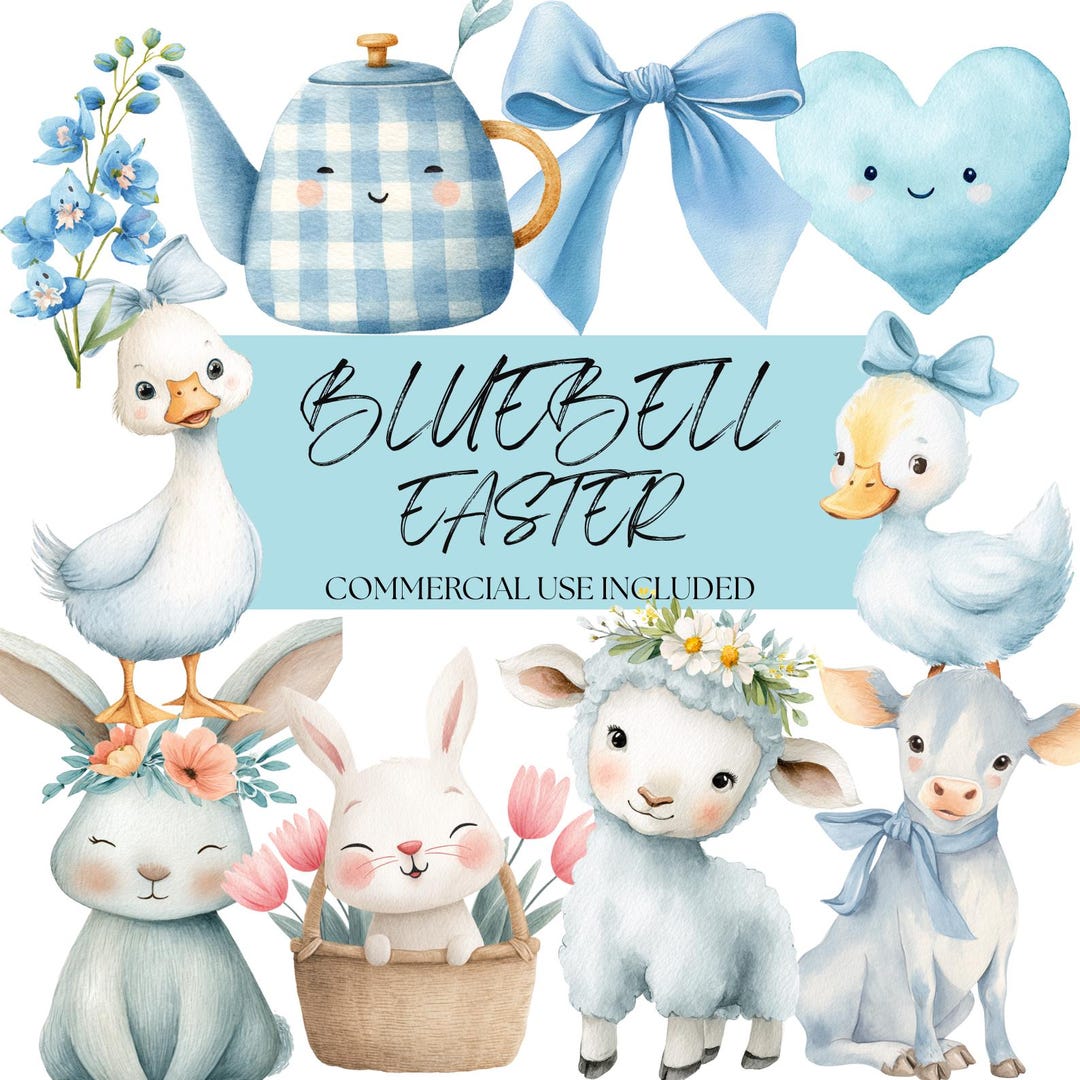 Bluebell Easter Animals Clipart Set – Cute Blue Bunny, Lamb & Duck ...