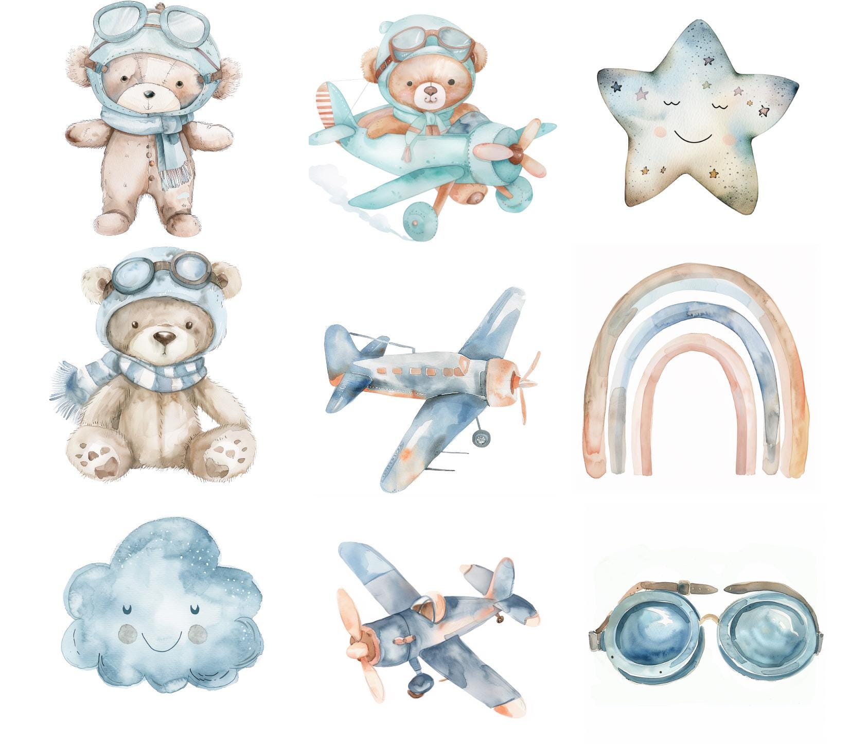 Aviator Teddy Bear Watercolor Clipart Cute Pilot Bear PNG, Blue ...